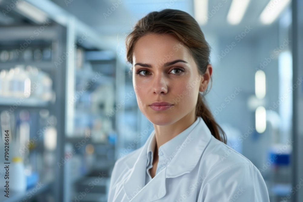 A female medical researcher in a lab coat, her hair pulled back neatly ...