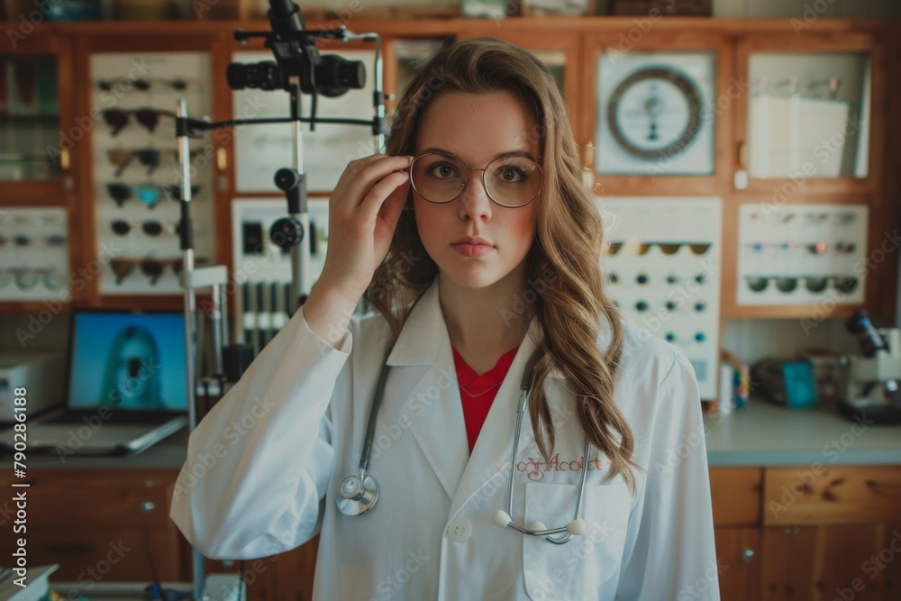 A female ophthalmologist in a white lab coat, adjusting her glasses ...