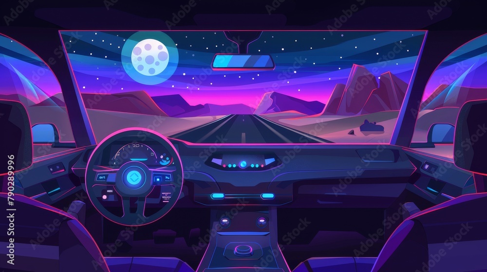 In car with steering wheel, control dashboard and gps navigator ...