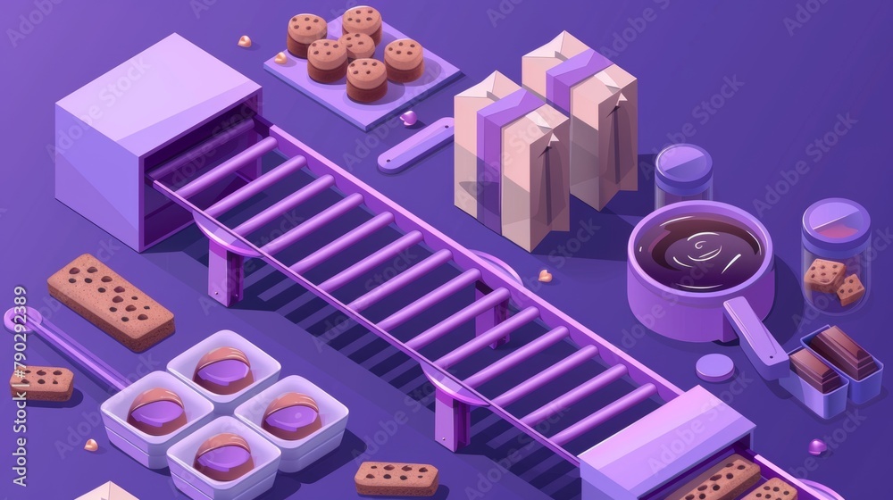 Conveyor belt for cookies assembly and baking, adding jam chocolate and ...