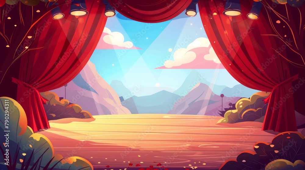 Stage stage with red curtains and spotlights. Modern cartoon ...