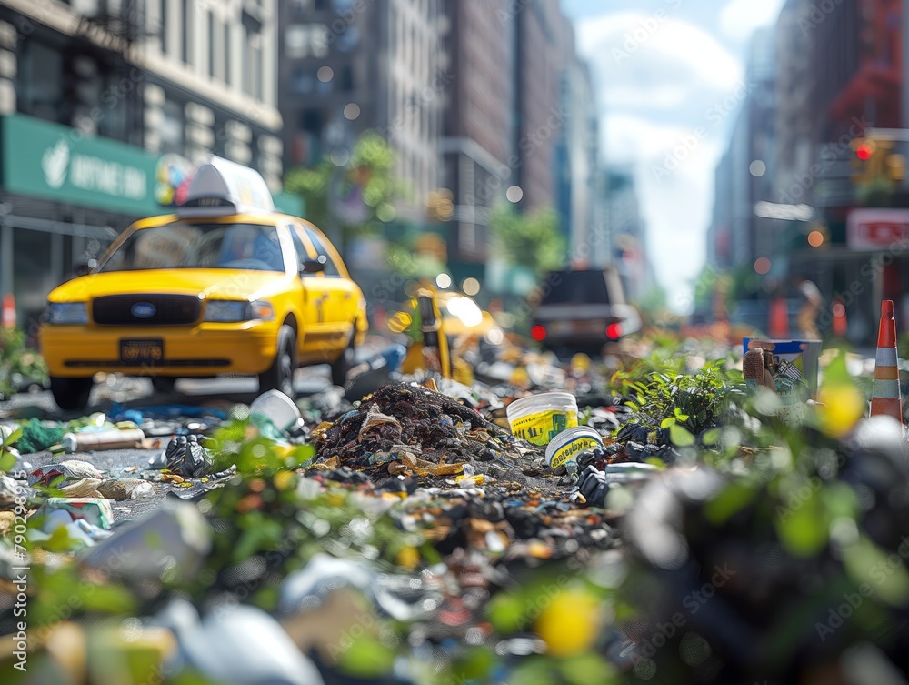 A busy city street with a yellow taxi cab and a garbage can. The taxi ...