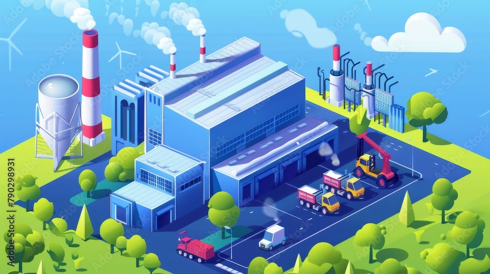 Modern landing page with isometric production plant exterior with ...