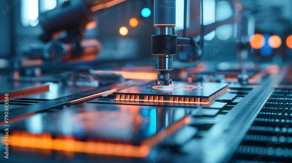 A close-up of silicon wafers moving along a precision conveyor line ...