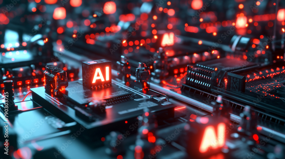 Zoomed-in view of a high-speed assembly line, where advanced microchips ...