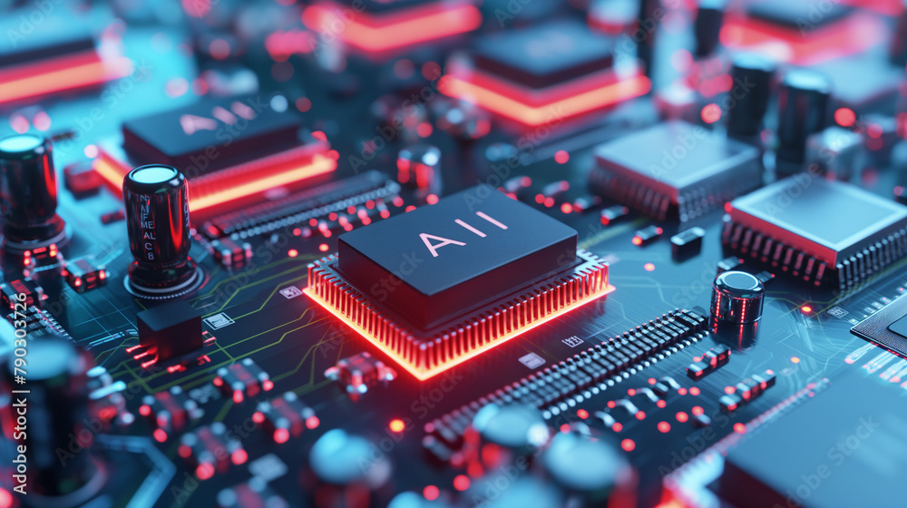 Zoomed-in view of a high-speed assembly line, where advanced microchips ...