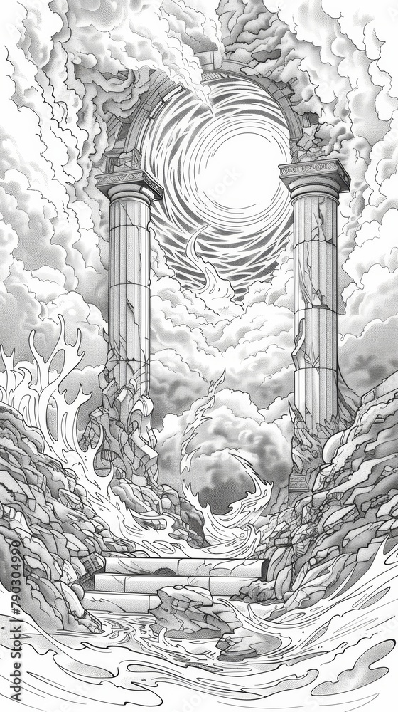 Fantasy: A coloring book page depicting a magical portal to another ...