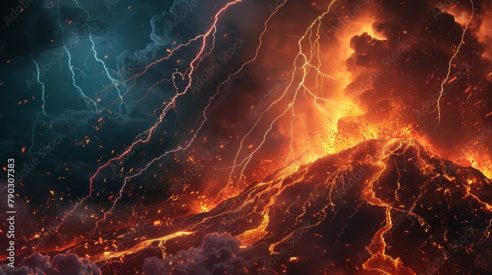 A volcanic lightning storm illuminating the night sky, with bolts of ...