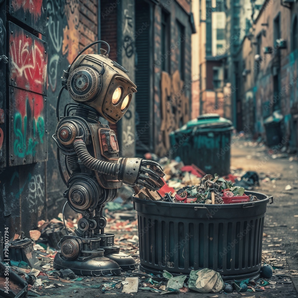Futuristic Robot Searching Through Garbage in Urban Alleyway in a ...