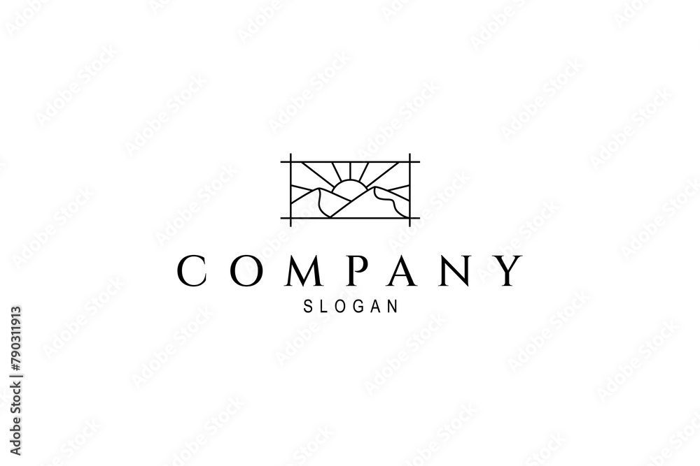 Line art logo of sunrise between valleys. Minimalist hill logo icon ...