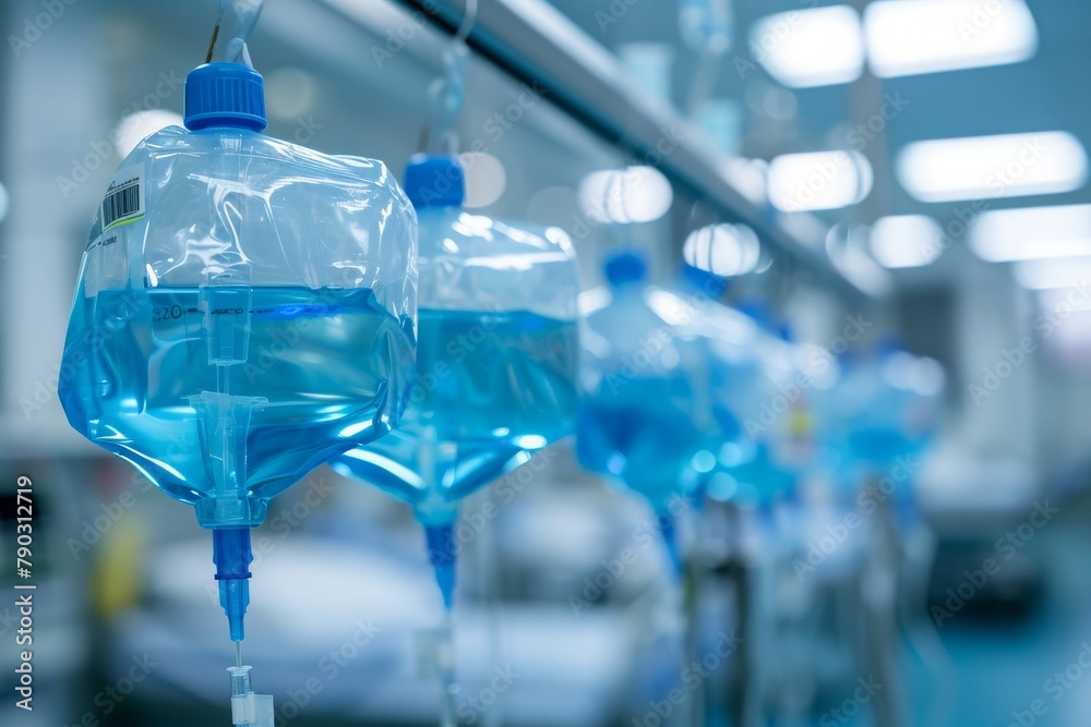 A straight row of transparent glass bottles filled with a vibrant blue ...