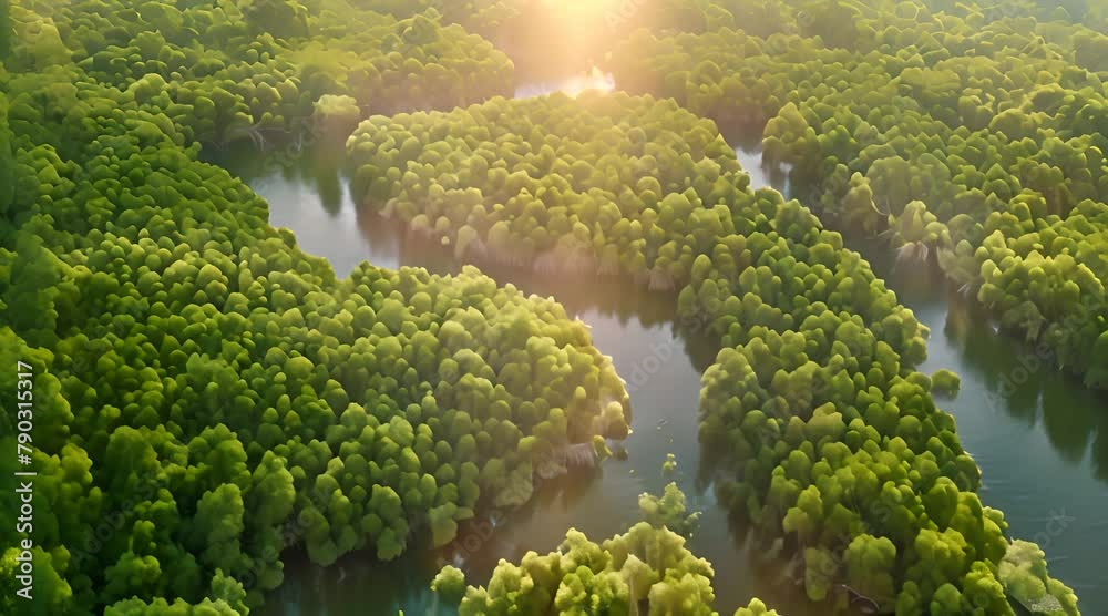 Aerial view of green mangrove forest with sunlight. Mangrove ecosystem ...