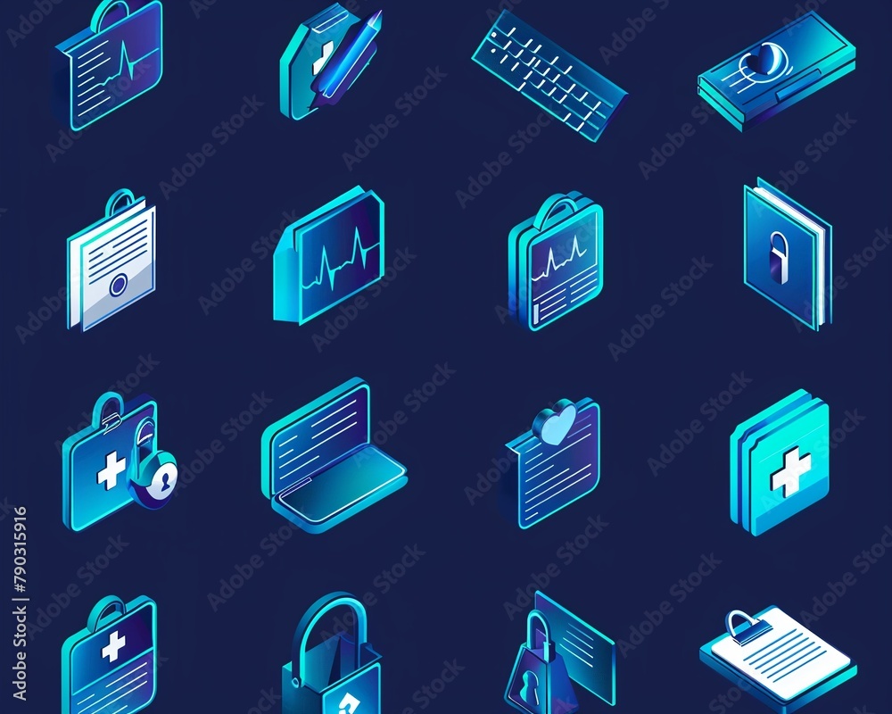 Digital health data protection icons, including locked medical records ...