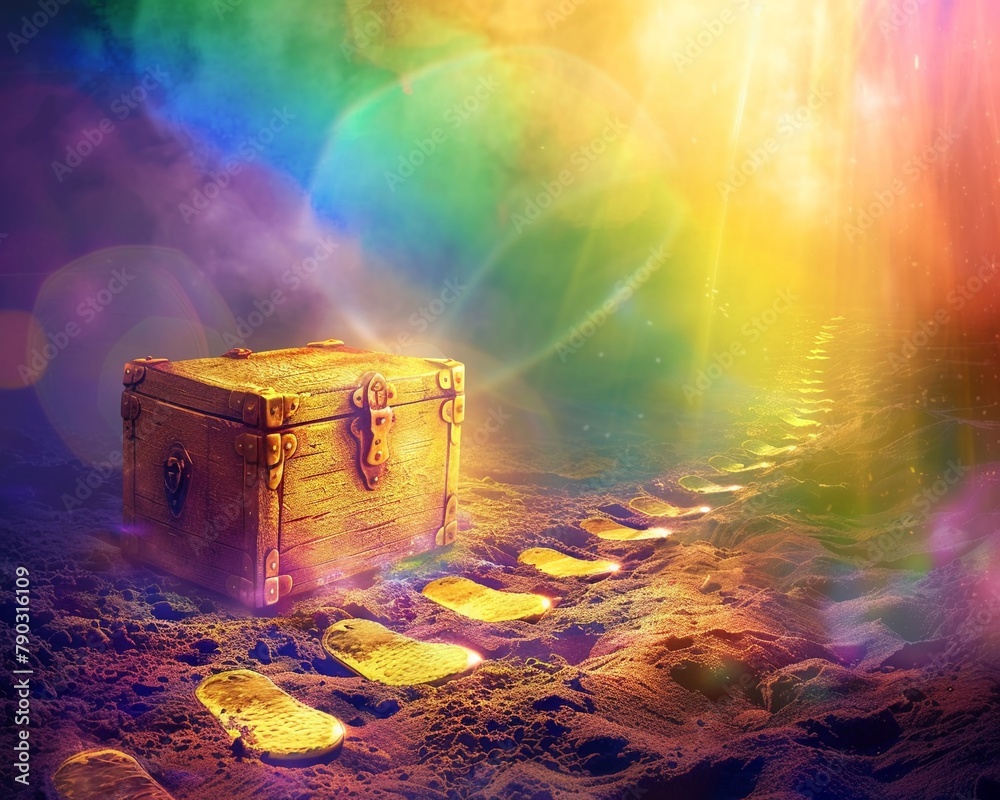 Golden footprints leading to a treasure chest at the end of a rainbow ...