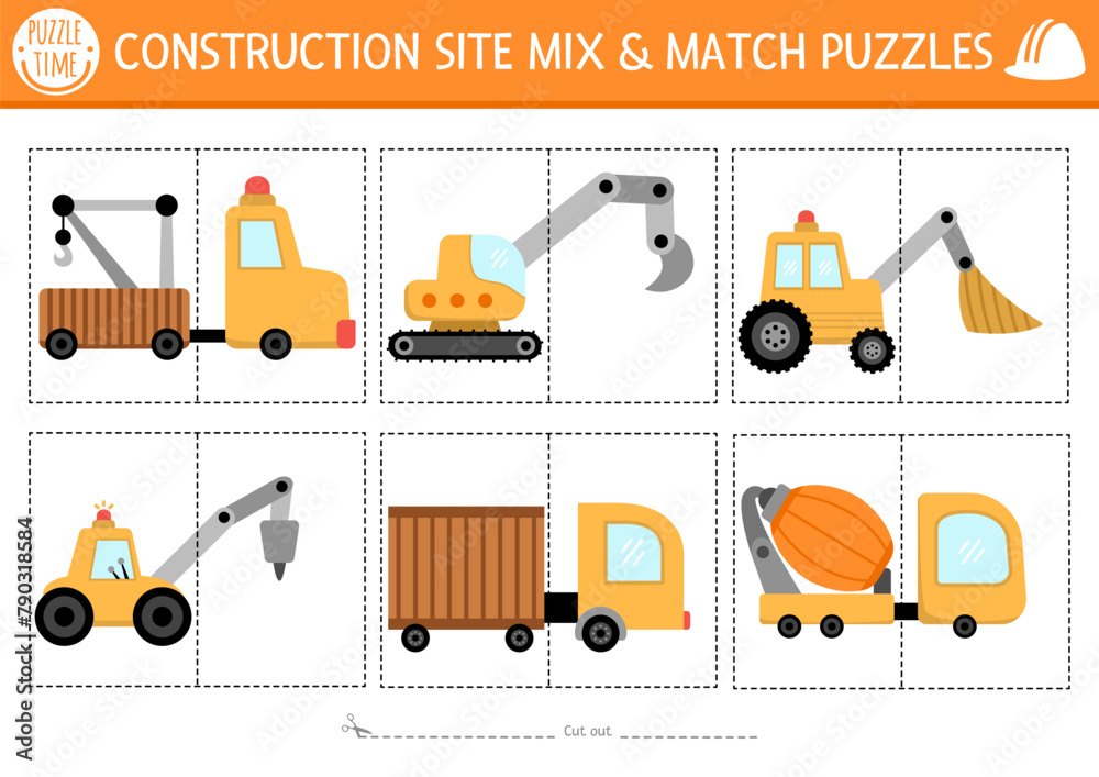 Vector construction site mix and match puzzle with cute industrial ...