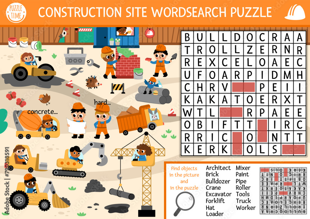Vector wordsearch puzzle for kids with construction site landscape ...