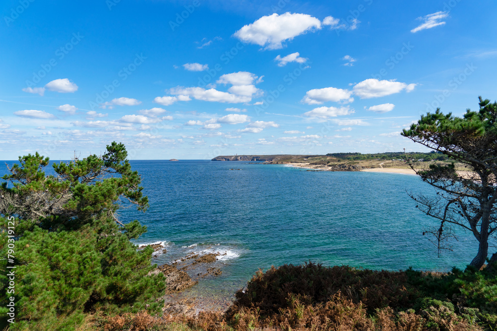 À travers les pins de la plage de l'Anse du Croc, le Cap Fréhel se ...