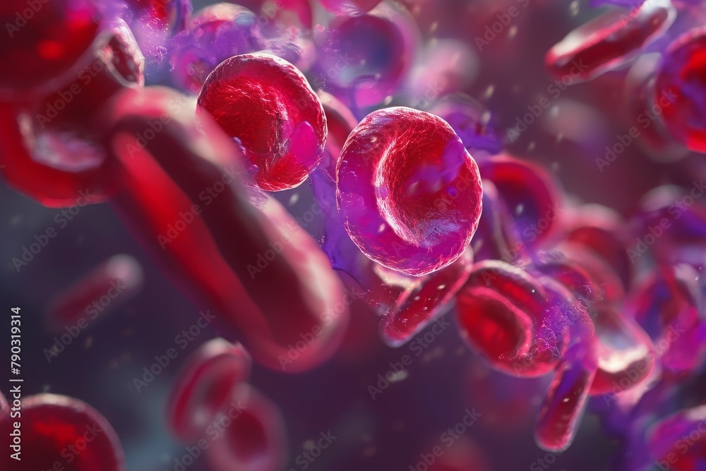 The photo depicts a cluster of red blood cells flowing through a vein ...