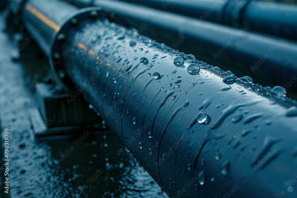 A detailed view of a pipe covered in water droplets, showcasing the ...