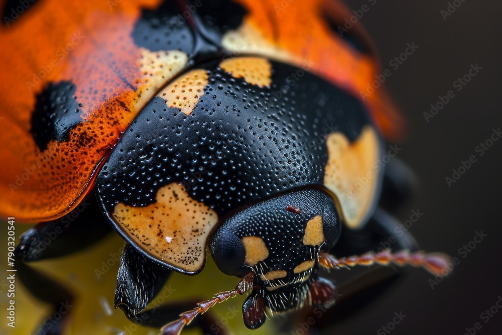 A detailed close-up image of a bug with black and orange coloring ...