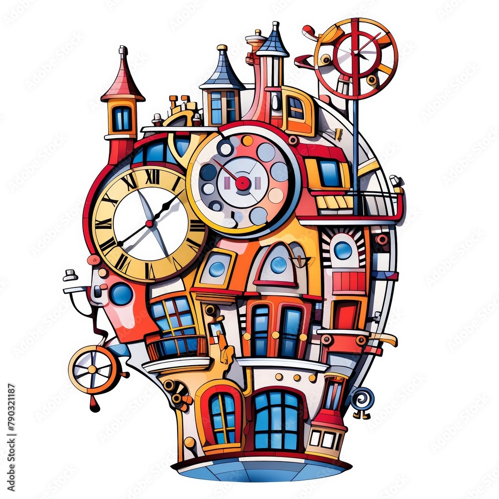 A colorful cartoon drawing of Wall clock, in the style of rough comic ...