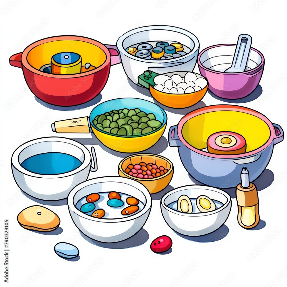 A colorful cartoon drawing of Mixing bowls, in the style of rough comic ...