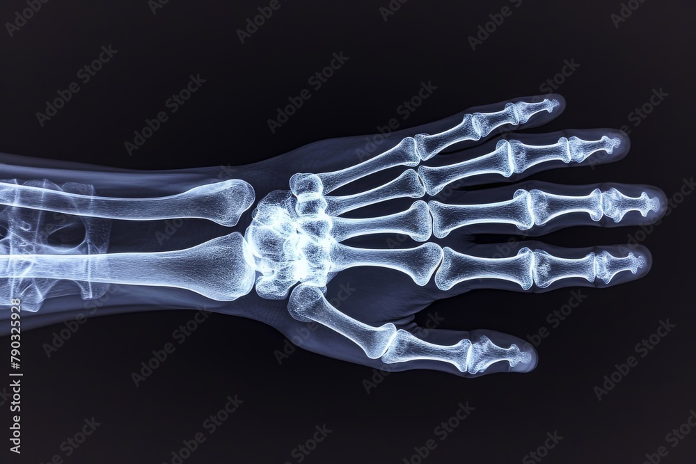 This x-ray image shows the detailed structure of a hand, revealing the interconnected bones ...