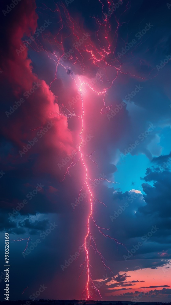 In a thunderstorm, red lightning illuminates the blue sky with high ...
