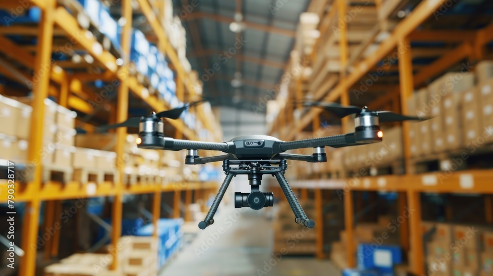 A drone equipped with AI technology for inventory management, scanning ...