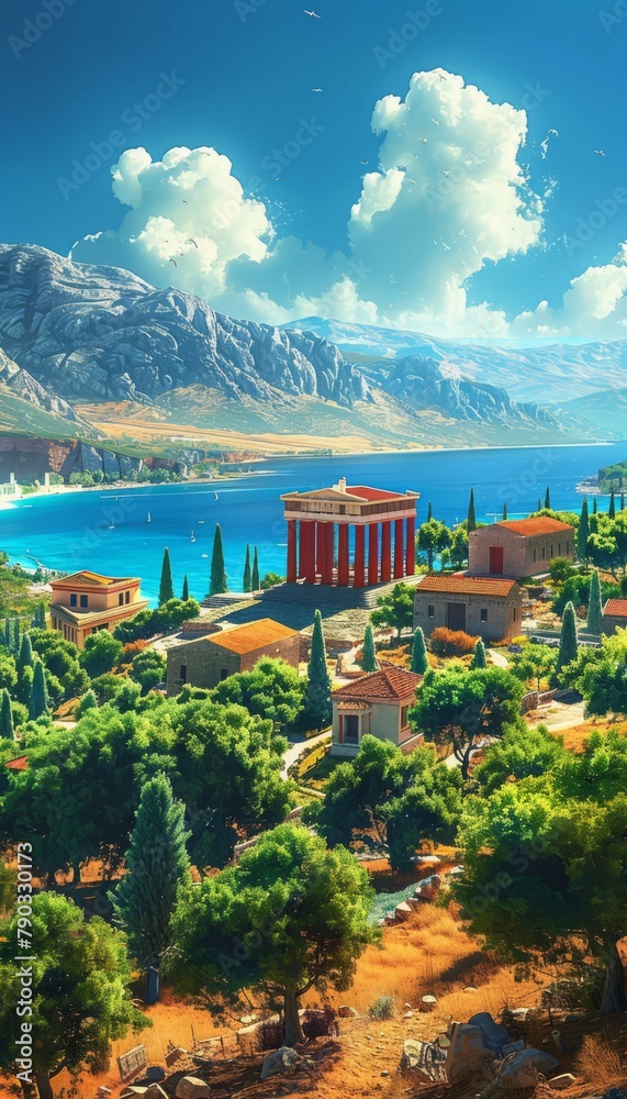 A realistic photo of an ancient Greek city with olive groves and the ...