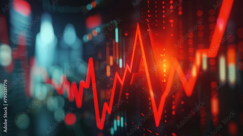 Realistic depiction of a stock market graph highlighted by a red arrow ...