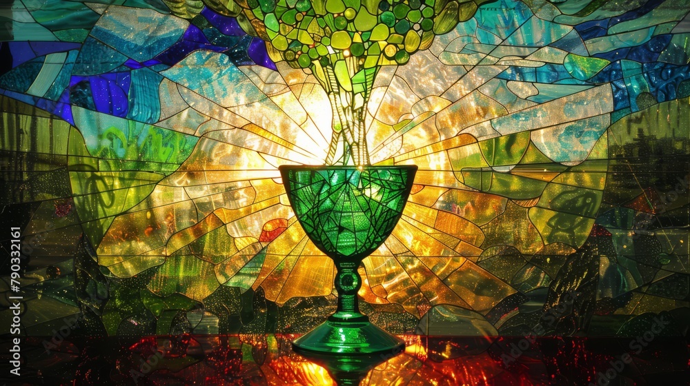 Stained glass window depicting the holy grail overflowing with green ...