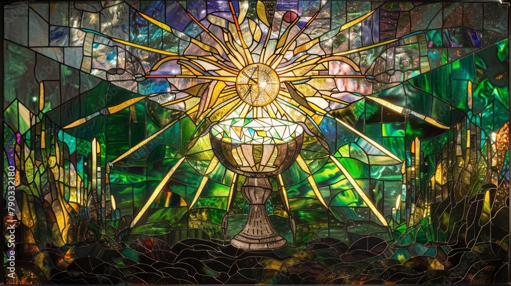 Stained glass window depicting the holy grail overflowing with green ...