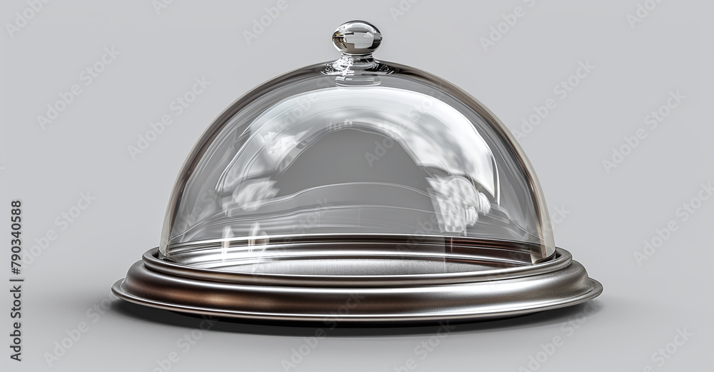 A shiny silver cloche on a reflective surface, typically used in fine ...