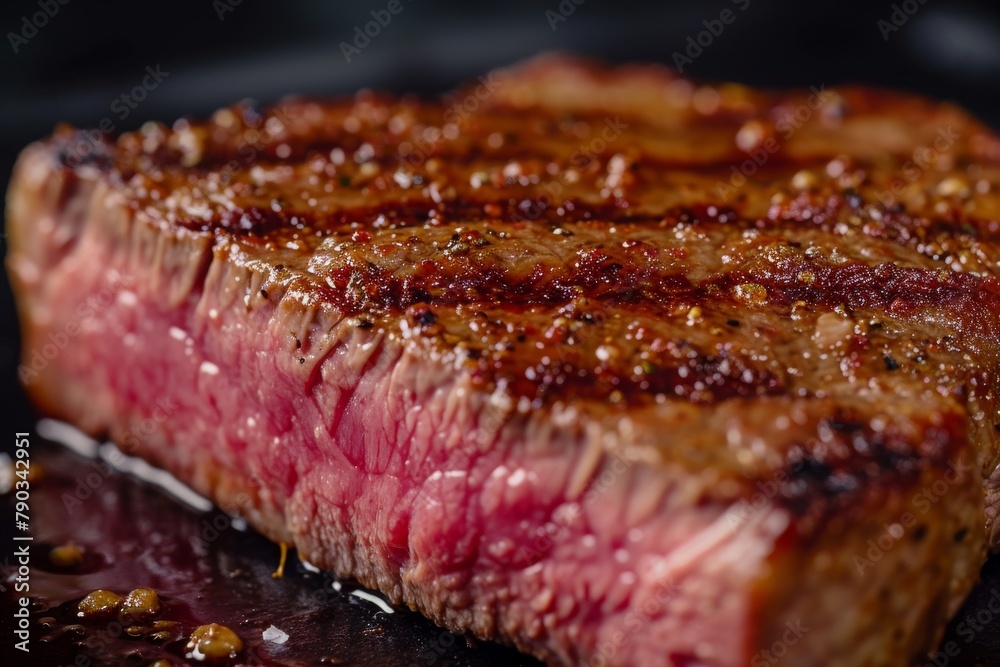 A detailed view of a piece of steak resting on a plate, showcasing the ...