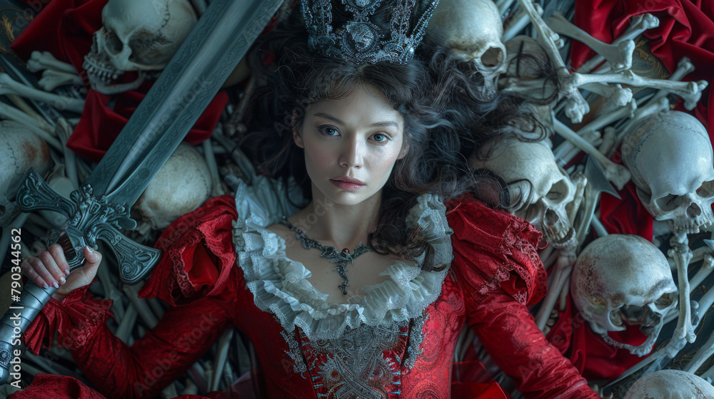 A female barbarian leader sits confidently on top of a mound of skulls ...