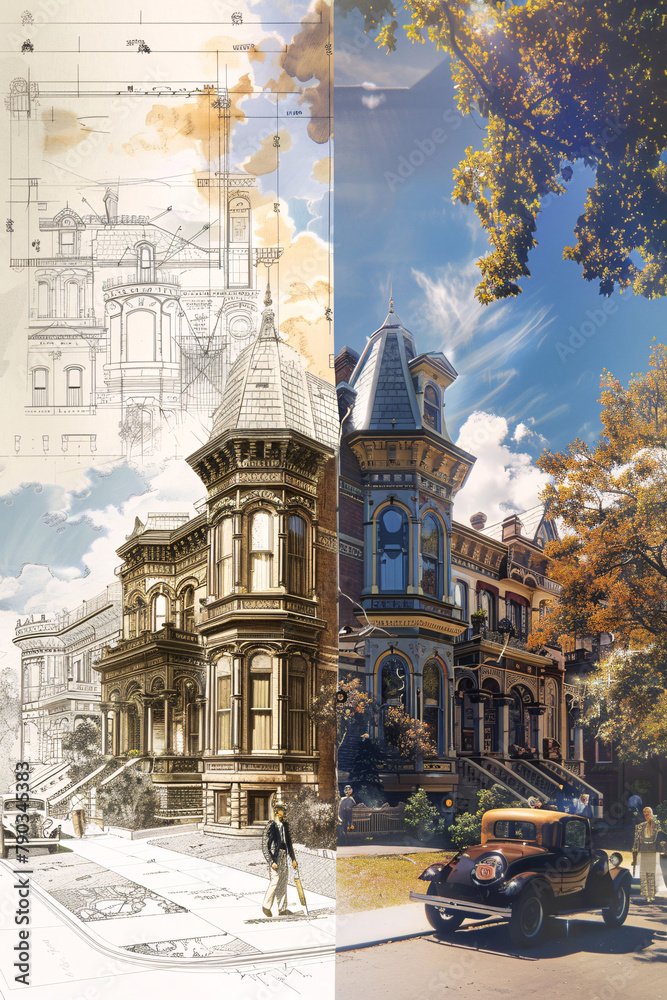Victorian Architectural Blueprint to Reality Transition, Evolution of Victorian Townhouse from ...