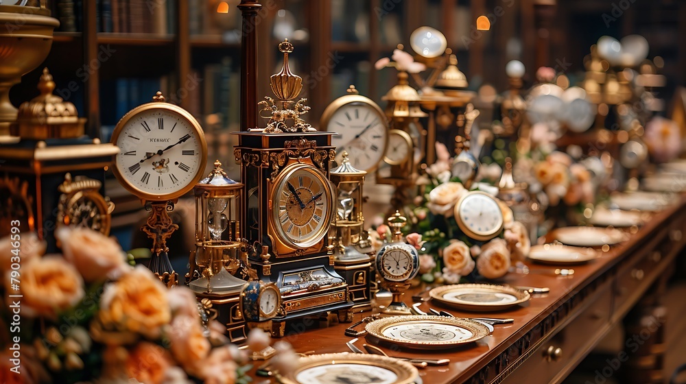 Design an opulent display of vintage clocks and hourglasses, their ...