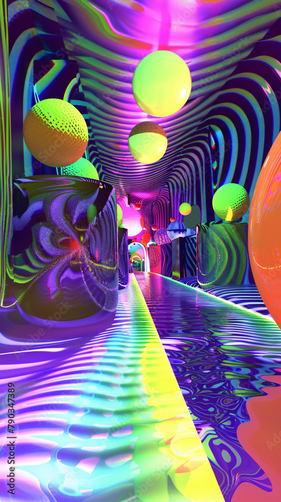 abstract depiction of a virtual reality amusement park, where visitors ...