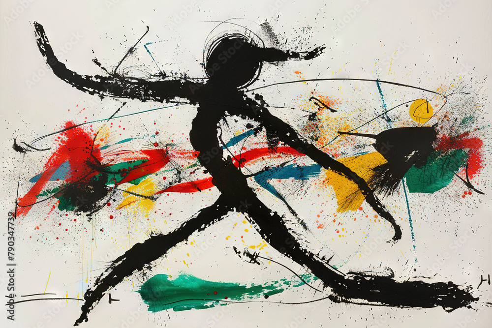Motion style picture of a black dancing stickman with colorful splashes ...