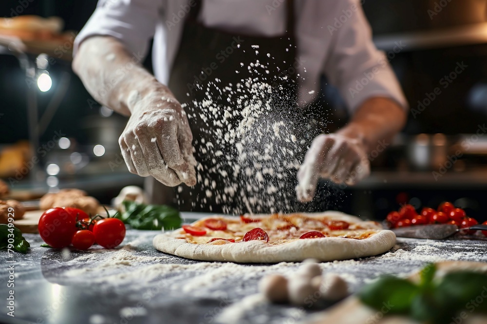 Bakery chef prepares pizza closeup, pizza making process, chef ...