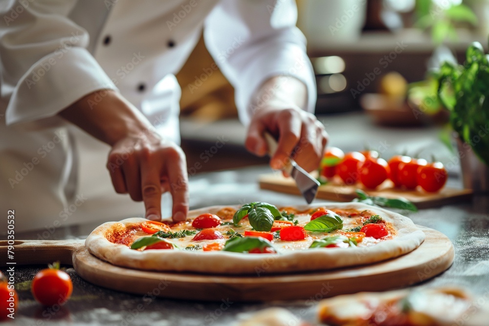 Bakery chef prepares pizza closeup, pizza making process, chef ...