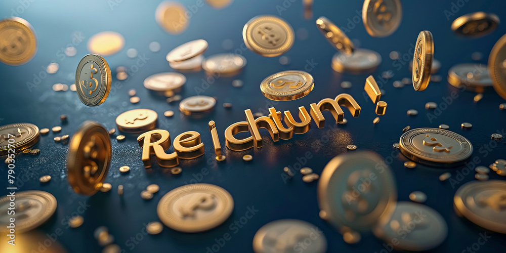 Goldene Geld Münzen und Deko mit Schriftzug Reichtum als Hintergrund im ...