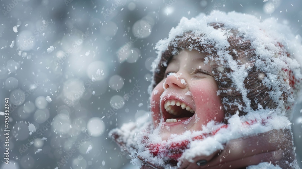 Child playing in snow: A joyful child laughs and plays in the soft snow ...