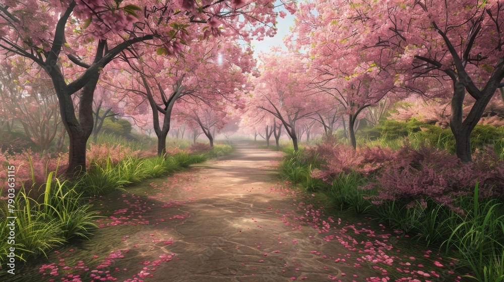Sakura blossom pathway: A winding pathway is flanked by cherry trees in ...