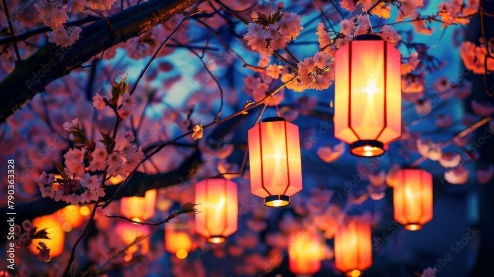 Sakura festival: Colorful lanterns illuminate a night sky adorned with ...