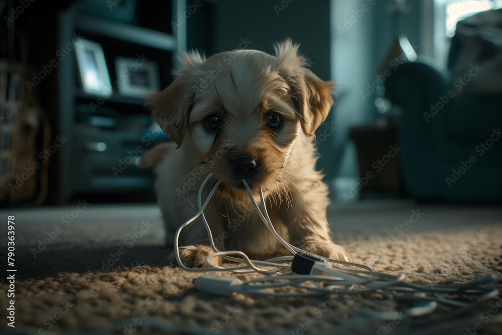 Mischievous dog chewing on electrical cords at home, AI-generated ...