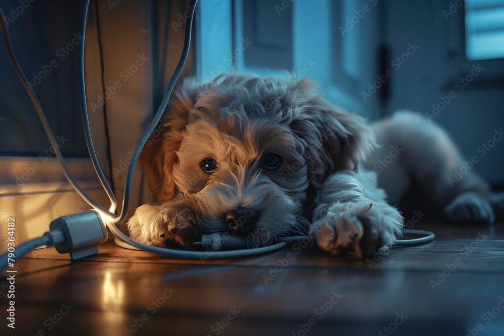 Mischievous dog chewing on electrical cords at home, AI-generated ...