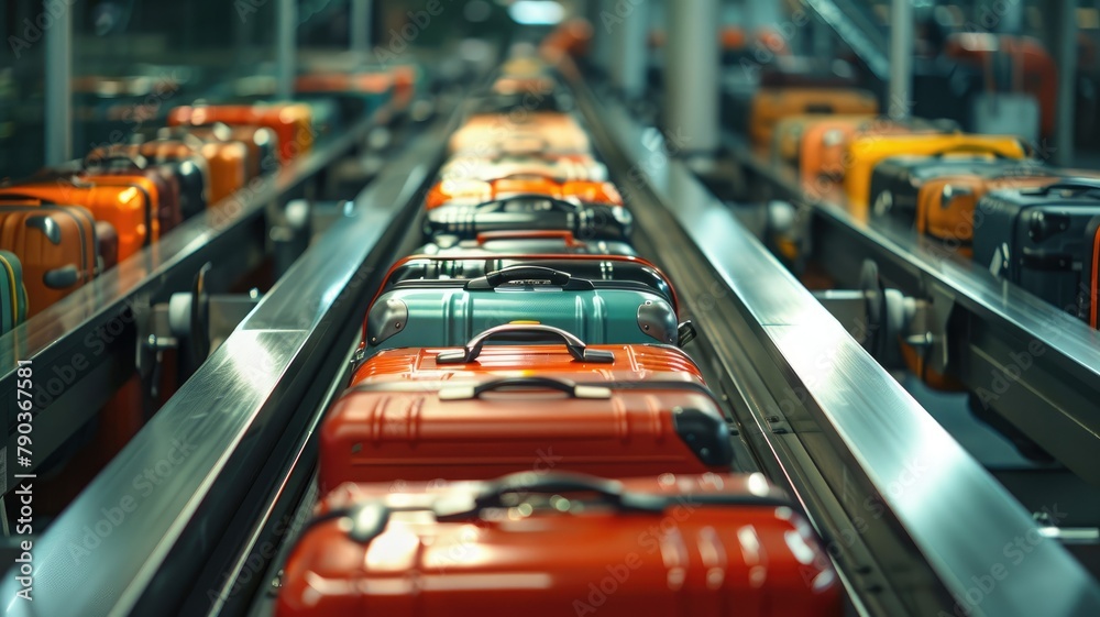 Row of colorful suitcases on conveyor belt - A multitude of vibrant ...