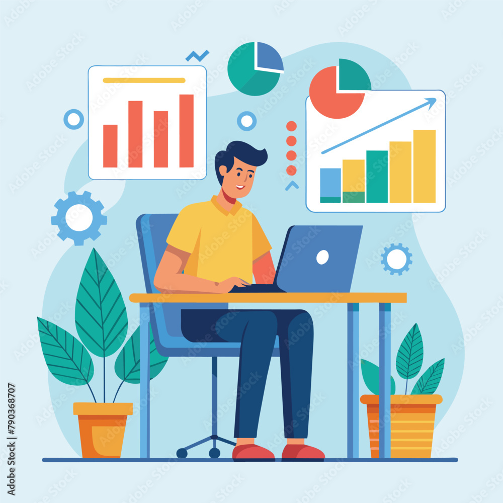 A man sits at a desk, analyzing business statistical data on a laptop ...